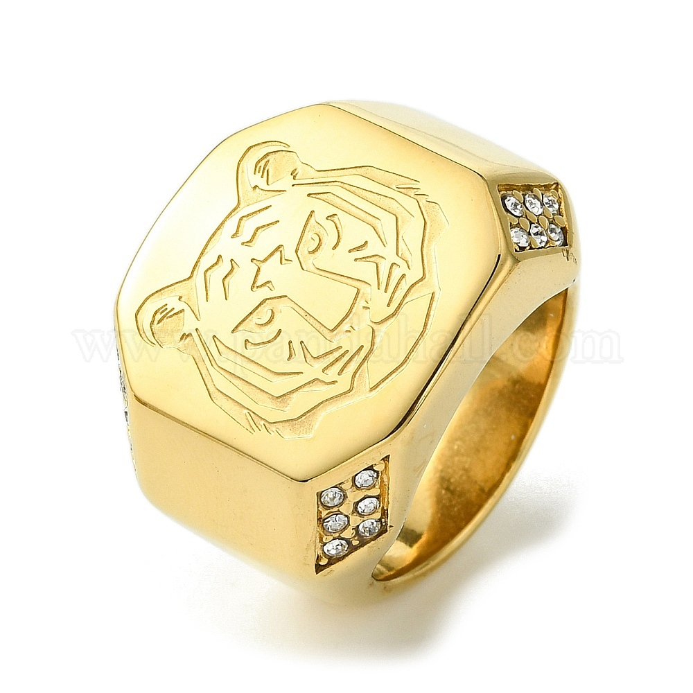 Wholesale 304 Stainless Steel Rhinestone Tiger Signet Rings - Pandahall.com